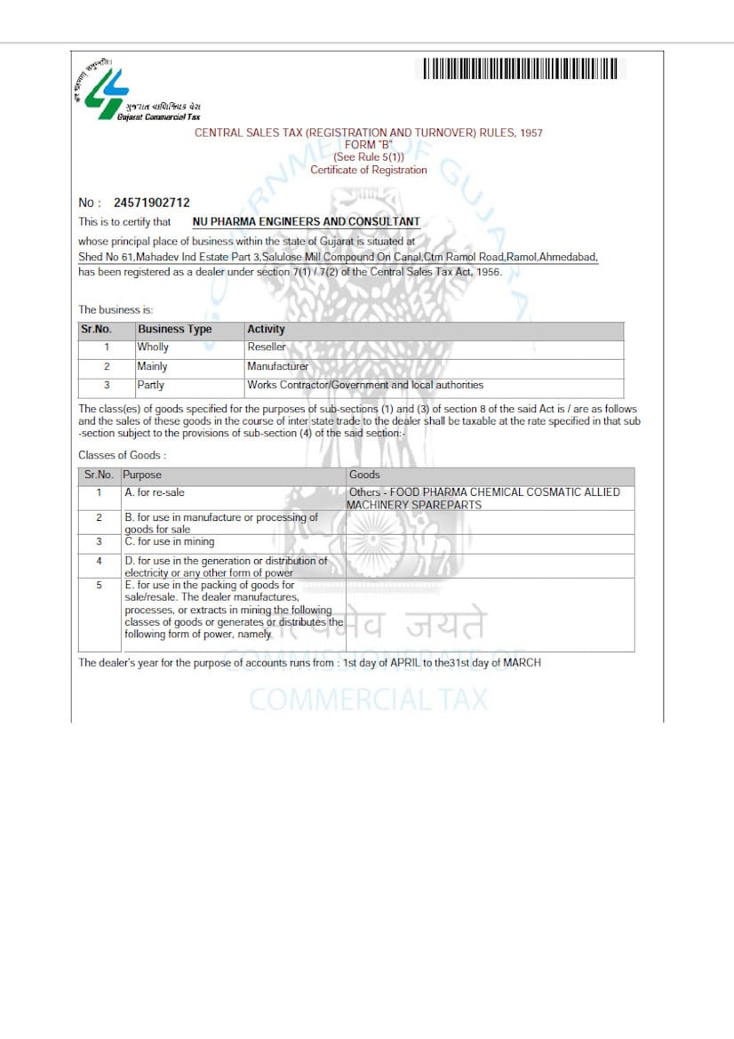 Food Plant Machinery | Food Equipments Nu Pharma Certificate